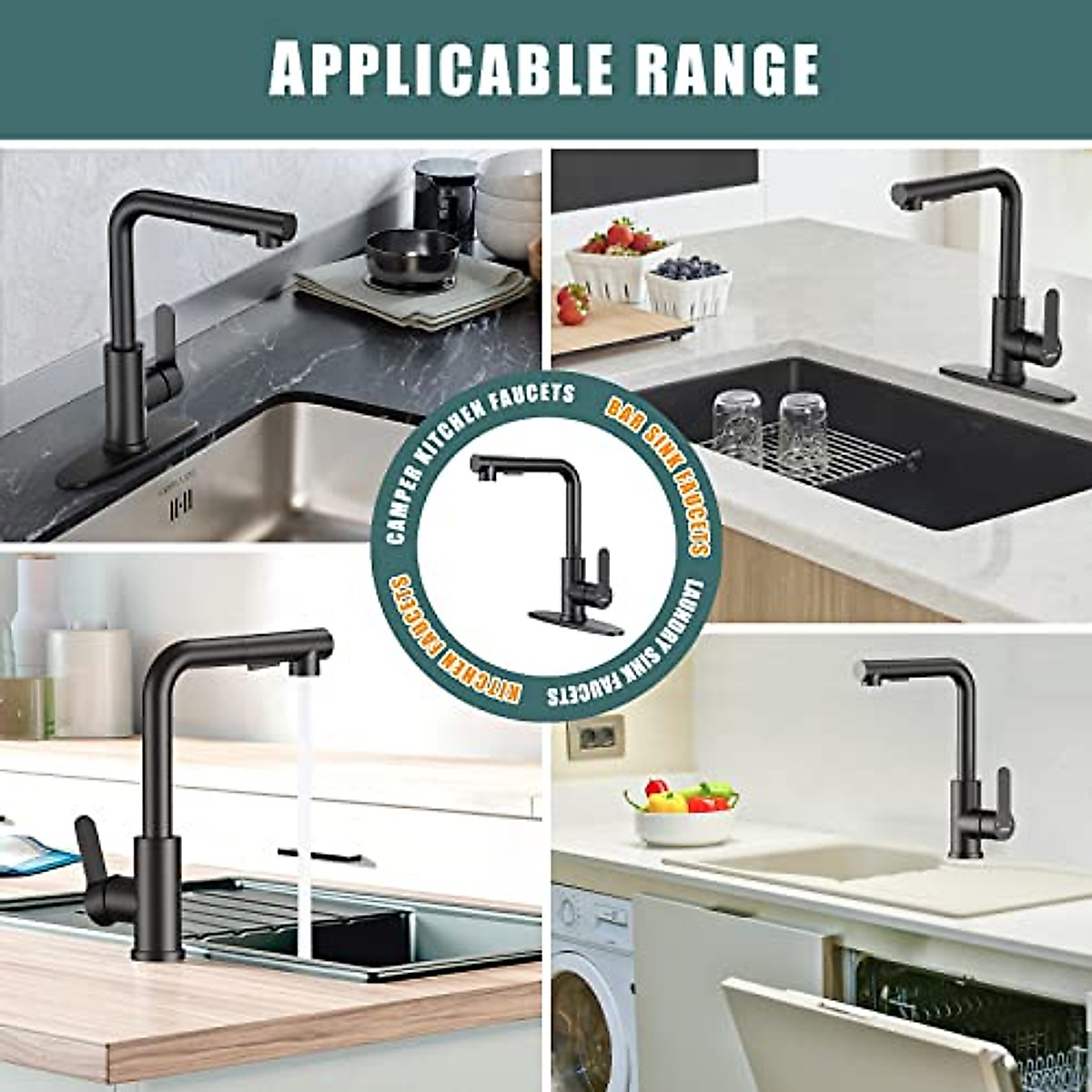 Kitchen Faucets, Matte Black Faucet with Pull Down Sprayer and Deck Plate, Stainless Steel Commercial Utility Faucets for Sink 3 Hole Bar Rv Camper Laundry Outdoor Farmhouse