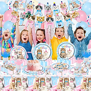 Cat Birthday Decorations, 146Pcs Cat Birthday Party Supplies-Serves 24 Cat Party Disposable Tableware with Cat Party Plates Cups Napkins Tablecloth Balloons for Kitten Girls Birthday Party Decorations