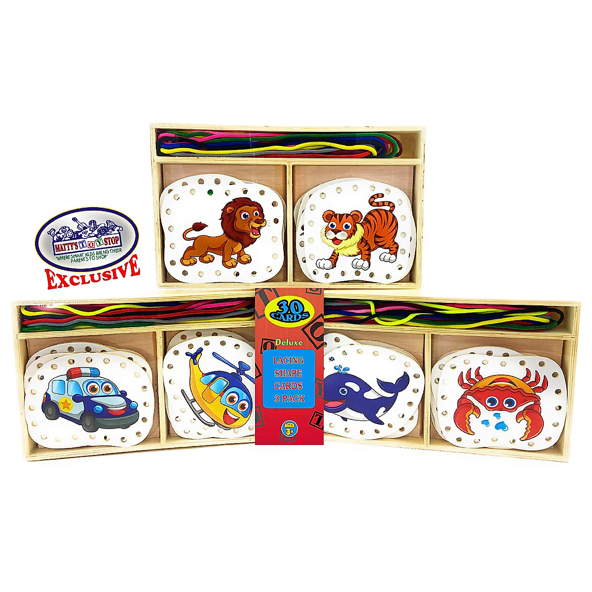 Matty's Toy Stop Deluxe Lacing Shapes (10 Count) Vehicles, Fish & Jungle Animals Educational Gift Set Bundle - 3 Pack (30 Shapes Total)