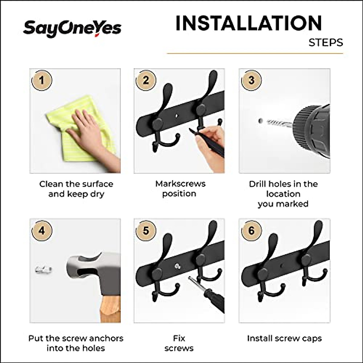 SAYONEYES Black Coat Rack Wall Mount with 5 Tri Hooks for Hanging – 16 Inch Heavy Duty Stainless Steel Rustic Coat Rack Wall Mount – Hat Rack, Hanger, Clothes, Jacket Hooks Wall Mount – 1 Pack