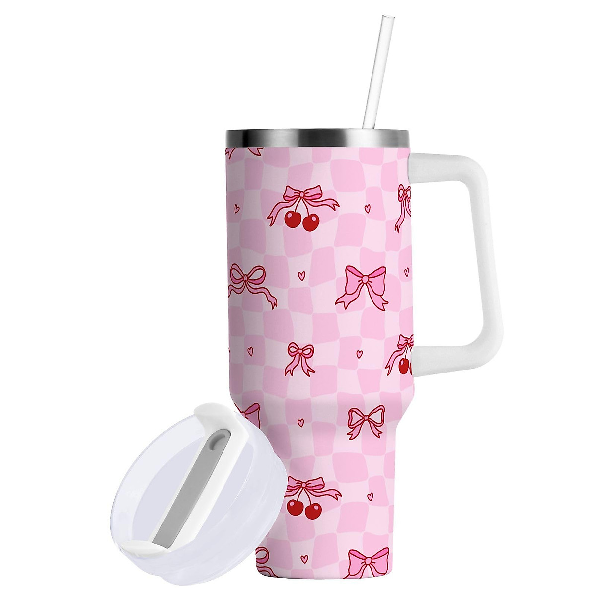 Bseiialft 40 oz Tumbler with Handle Pink Bow Cherry Heart Check Water Bottle with Lid and Straw Vacuum Insulated Cup Stainless Steel Travel Coffee Mug for Home Office Car