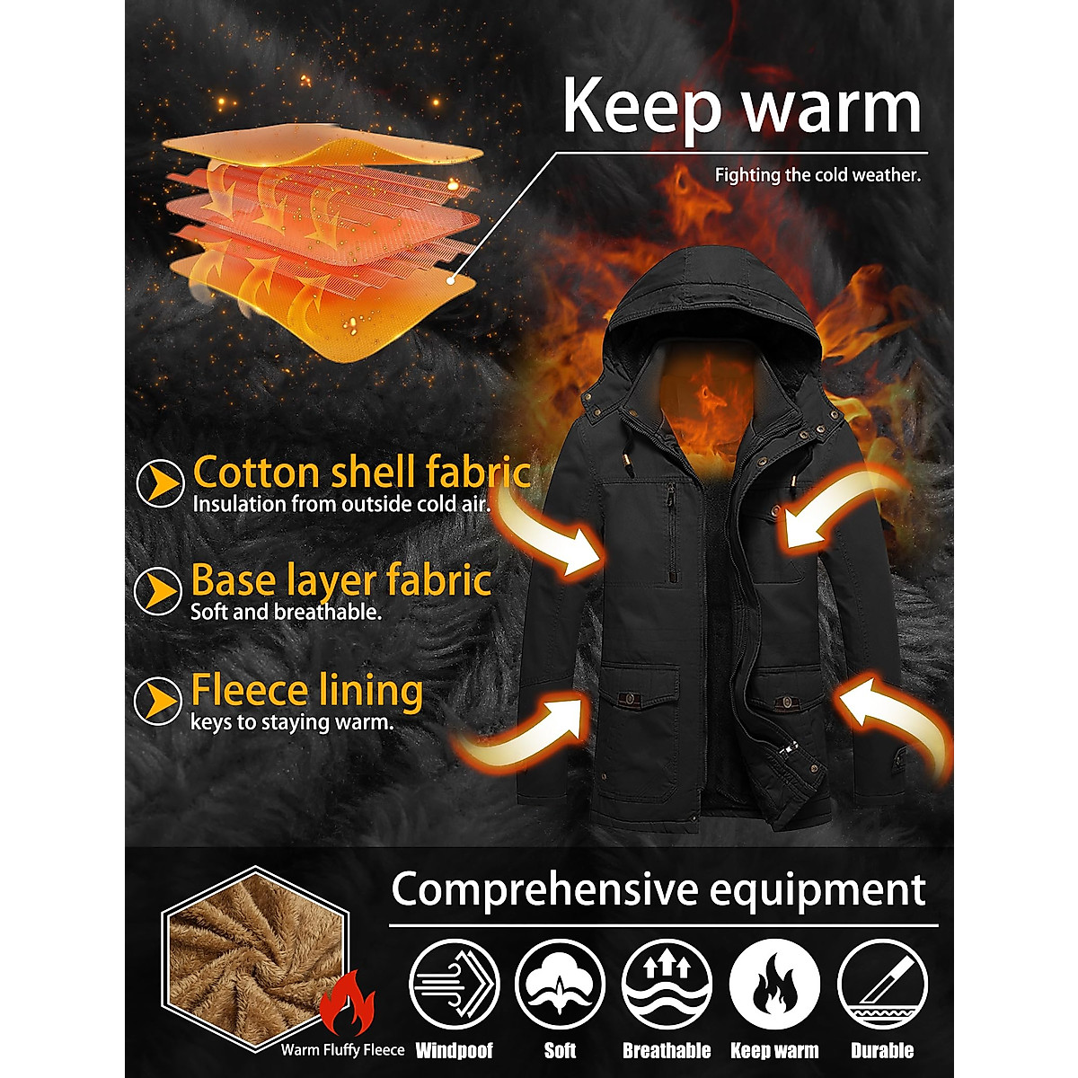 TACVASEN Men's Winter Jacket Cotton Military Jackets Fleece Lined Thick Work Coats Warm Cargo Jackets with Hooded Black XL