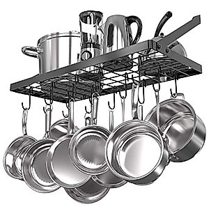 Vdomus Hanging Pot Rack, Wall Mounted Pots and Pans Holder 29.3 by 13 Inch | Kitchen Cookware Organizer for Pots and Pans Storage 15 Hooks, Ideal for Pans, Utensils, Cookware in Square Grid | Black
