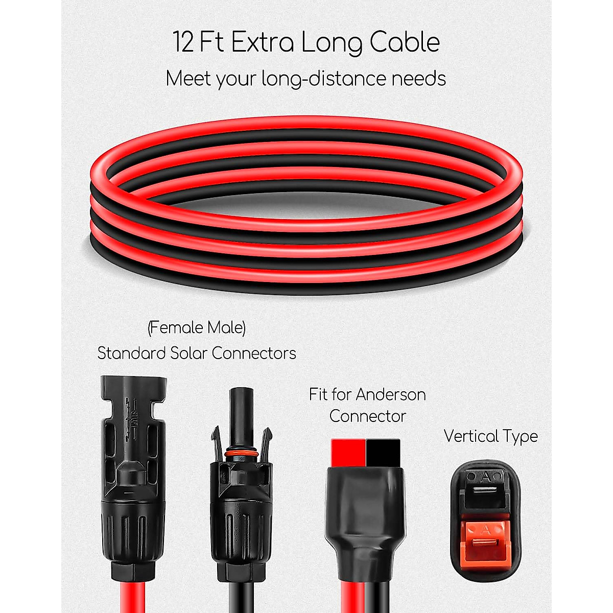 12Ft Solar Panel Charge Cable Fit for Anderson Adapter and Solar Connectors, 10AWG Charge Extension Cable for Portable Power Stations Solar Generators (Vertical Head)