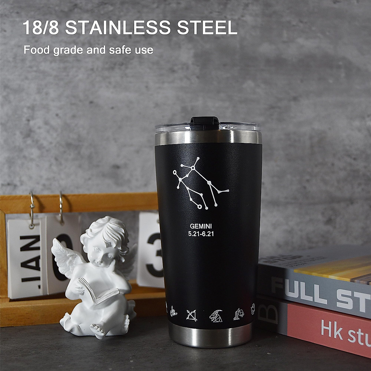 sweet grain 20oz Coffee Tumbler - Stainless Steel Double Wall Insulated Constellation Tumbler with Lid and Straw, Personalized Zodiac Gifts for Birthday/Bachelor Party - Gemini