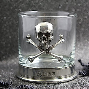 English Pewter Company 11 Ounce Old Fashioned Whisky Rum Rocks Glass With Stunning Pewter Skull and Cross Bones [TUM07]