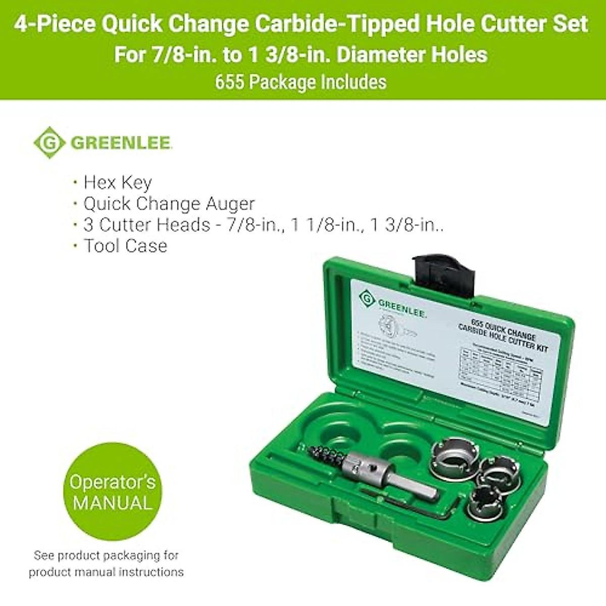 Greenlee 655 4-Piece Quick Change Carbide-Tipped Hole Cutter Set, 7/8" - 1-3/8"