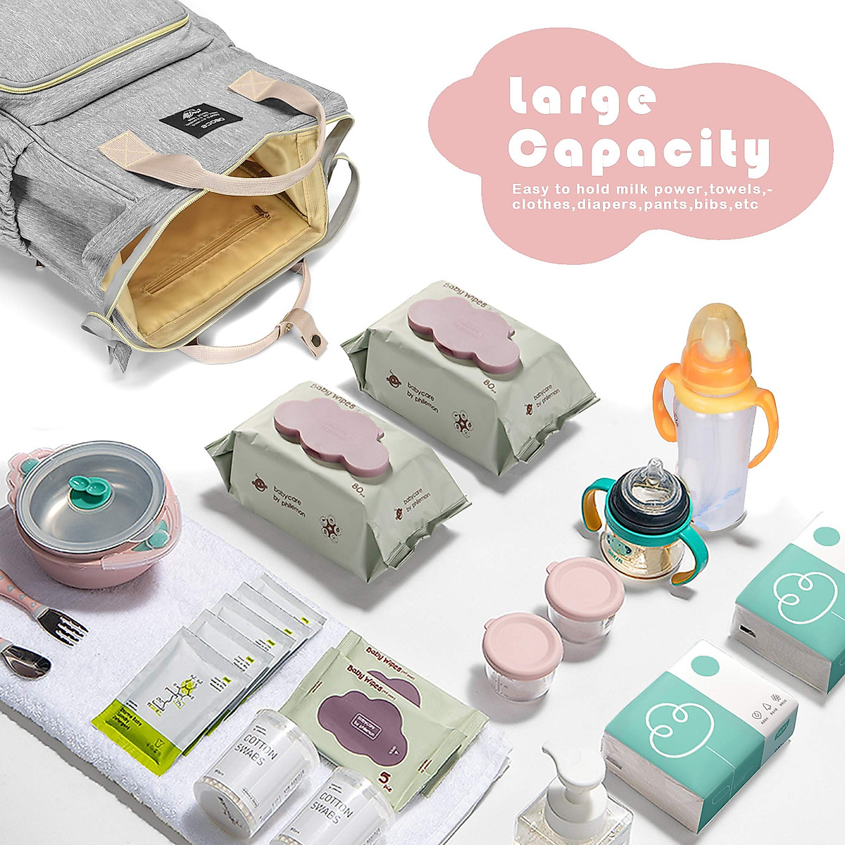 OSOCE Diaper Bag Backpack, MultiFunction Maternity Baby Bag, Waterproof and Stylish Diaper Backpack for Mom and Dad, Baby Diaper Bag with Large Capacity and Lightweight Size, Light Grey