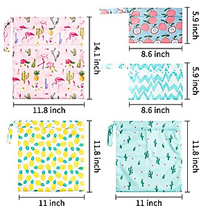 R HORSE 5Pcs Waterproof Reusable Wet Bag Diaper Baby Cloth Diaper Summer Wet Dry Bags with 2 Zippered Pockets Travel Beach Pool Bag with Pineapple Flamingo Cactus Pattern(3 Sizes)