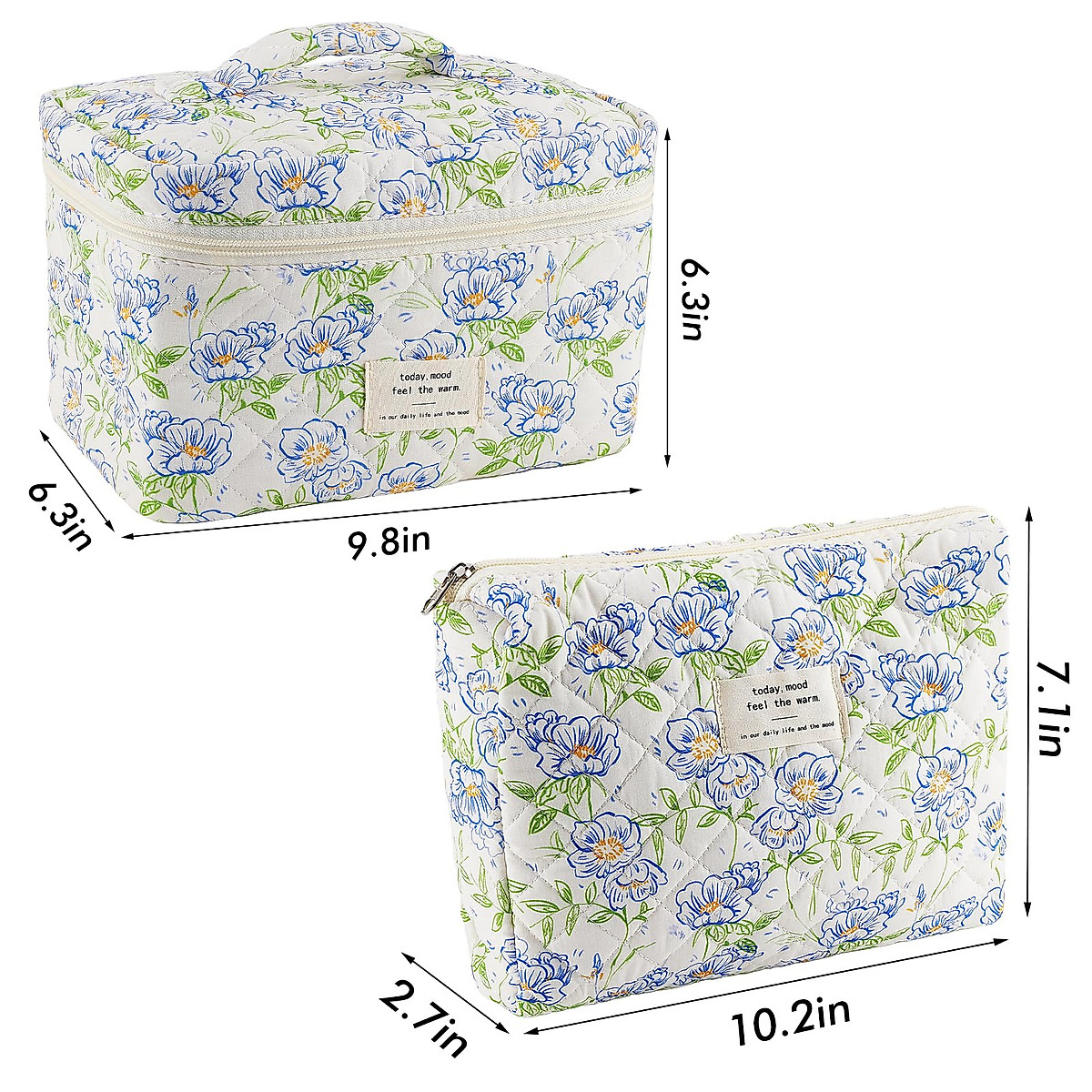 URSKYTOUS 2Pcs Cotton Quilted Makeup Bag for Women Floral Extra Large Small Travel Cosmetic Bag Set Big Cute Blue Makeup Pouch Portable Toiletry Bag Organizer Coquette Vintage Puffy Travel Essential