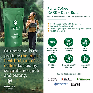 Purity Coffee EASE Dark Roast Low Acid Organic Coffee - USDA Certified Organic Specialty Grade Arabica Whole Bean Coffee - Third Party Tested for Mold, Mycotoxins and Pesticides - 12 oz Bag