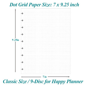 Classic Size Discbound Dotted Grid Refill Paper, 9-Disc Discbound Pre-punched Happy Planner Inserts, 100Sheets/200Pages Loose-Leaf Paper, 100gsm White Paper, 7" x 9.25"