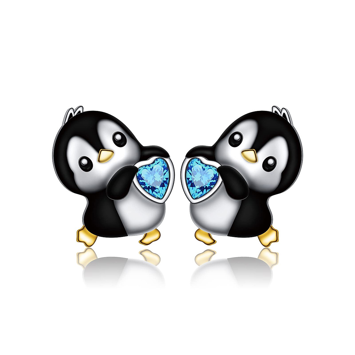 925 Sterling Silver Cute Animal Gold Plated Black Penguin Hold Blue Heart CZ Stud Earrings for Women Daughter Birthday Earrings Penguin Lover
