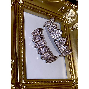 18K White Gold Plated CZ Cluster Custom Slugs Top Bottom GRILLZ Fangs Mouth Teeth Grills Set - Grillz, Teeth Cap, Iced Out Grillz (Top & Bottom Set)