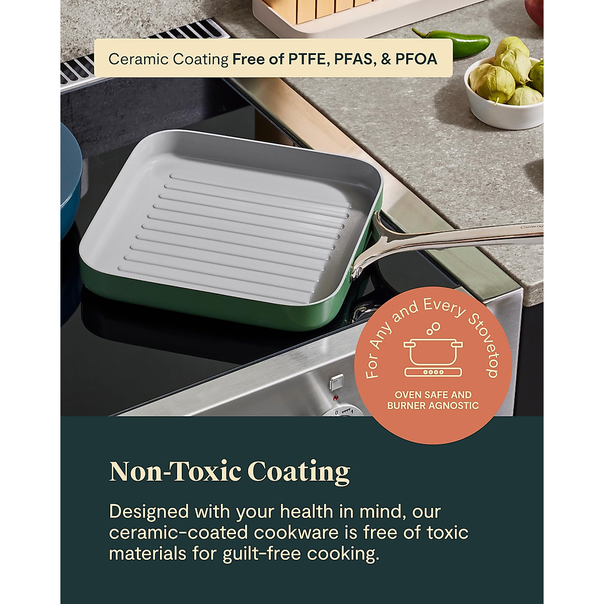 Caraway Square Grill Pan - 11” Grill Pan - Non-Stick Ceramic Coated - Non Toxic, PTFE & PFOA Free - Oven Safe & Compatible with All Stovetops - Gray