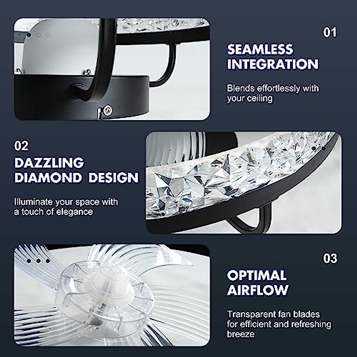 Tivleed Low Profile Ceiling Fan with Lights, 20" Semi Flush LED Fans Light, Remote & Smart APP Control, 360° Rotatable, Modern Crystal, 3 Color Dimmable, 6 Speeds, for Bedroom Living Room, Black