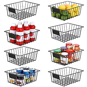 8 Pack Wire Storage Baskets for Organizing with Removable Tags, Pantry Organization Bins for Kitchen Cabinets, Closet - Metal Basket for Laundry, Garage, Refridge, Bathroom Countertop Organizer, Black