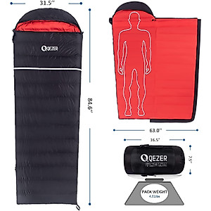 QEZER Down Sleeping Bag for Adults 600 Fill Power Down Sleeping Bag Cold Weather Ultralight Sleeping Bag with Compression Sack for Backpacking, Camping, Hiking (1000g Down Filling-Black-Right Zip)