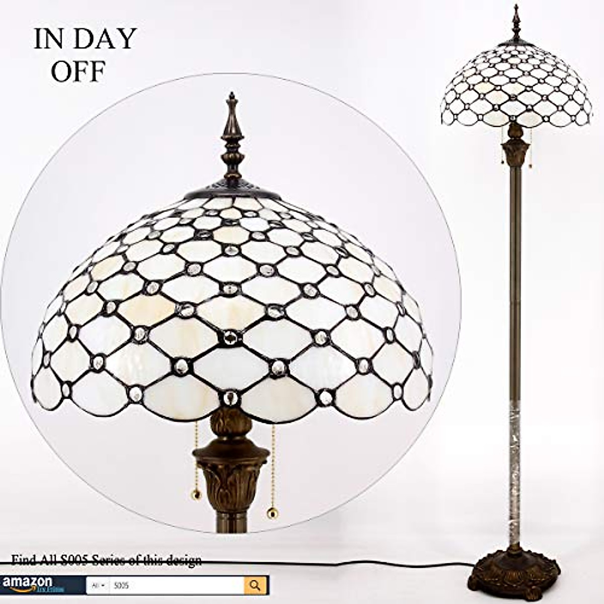 WERFACTORY Tiffany Floor Lamp Cream Amber Stained Glass Bead Standing Reading Light 16X16X64 Inches Antique Pole Corner Lamp Decor Bedroom Living Room Home Office (LED Bulb Included) S005 Series