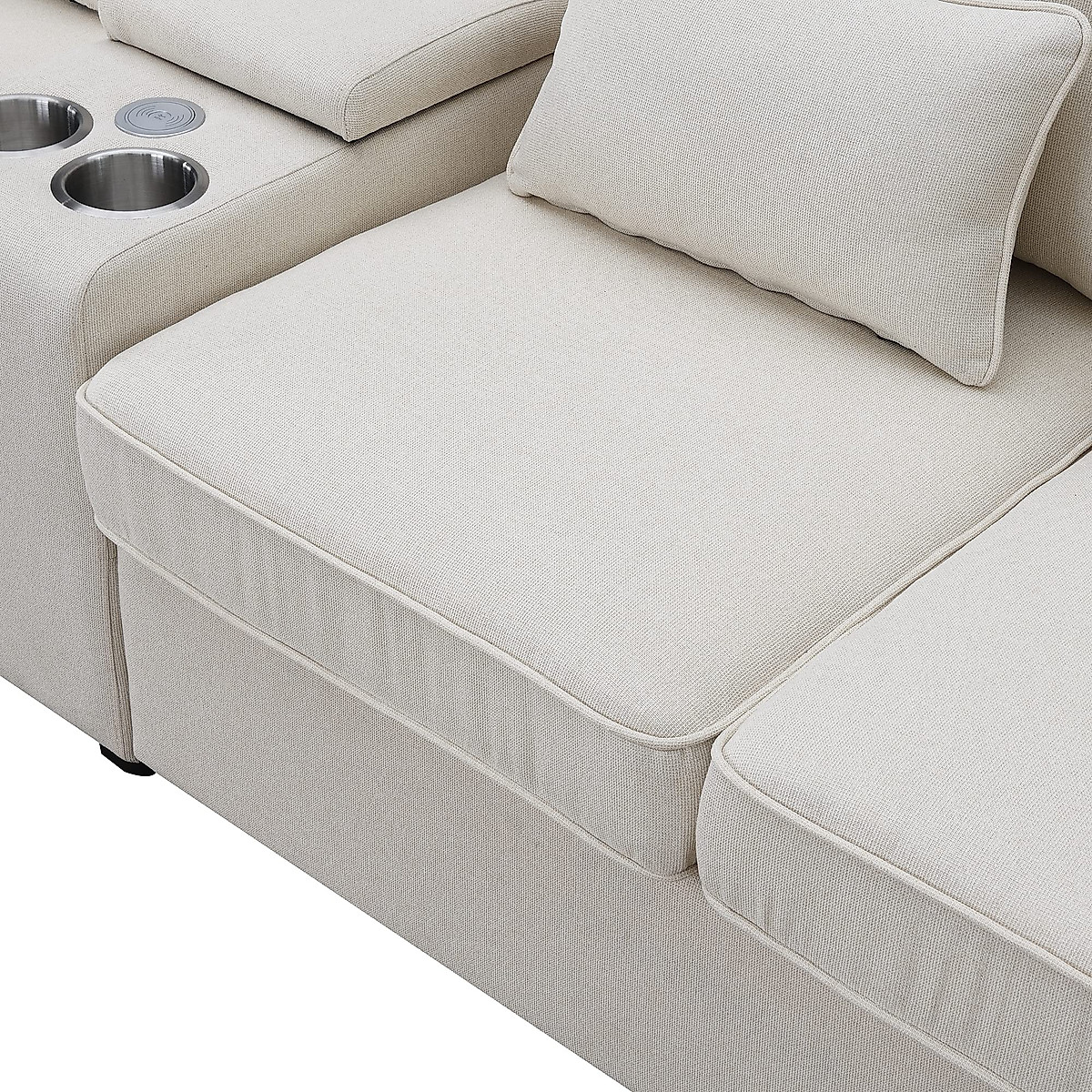 Favfurish 114.2" Linen Upholstered Sofa with Consoleand 2 USB Ports Wired or Wirelessly Charged,Modern 4-Seat Couches W/ 4 Pillows and Two Cupholders,for Living Room,Apartment,Beige