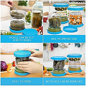SOPHICO Pickle and Olives Jar Container with Strainer Flip, Leak-proof Juice Separator Hourglass Food Saver Storage Container (Transparent Blue)