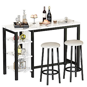 AWQM Home Bar Table Set of 2, 47" White Faux Marble Dining Set with Storage Shelves and Upholstered Leather Bar Height Stools, 3-Piece Kitchen Table for 2 People, Space Saving Table (White & Black)
