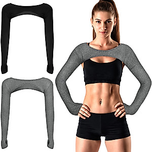 Janmercy 2 Pieces Women's Long Sleeve Crop Tops Cutout Workout Bolero Shrug Ballet Yoga Sports Shrug Casual Cropped Tops(Black and Grey, XS)