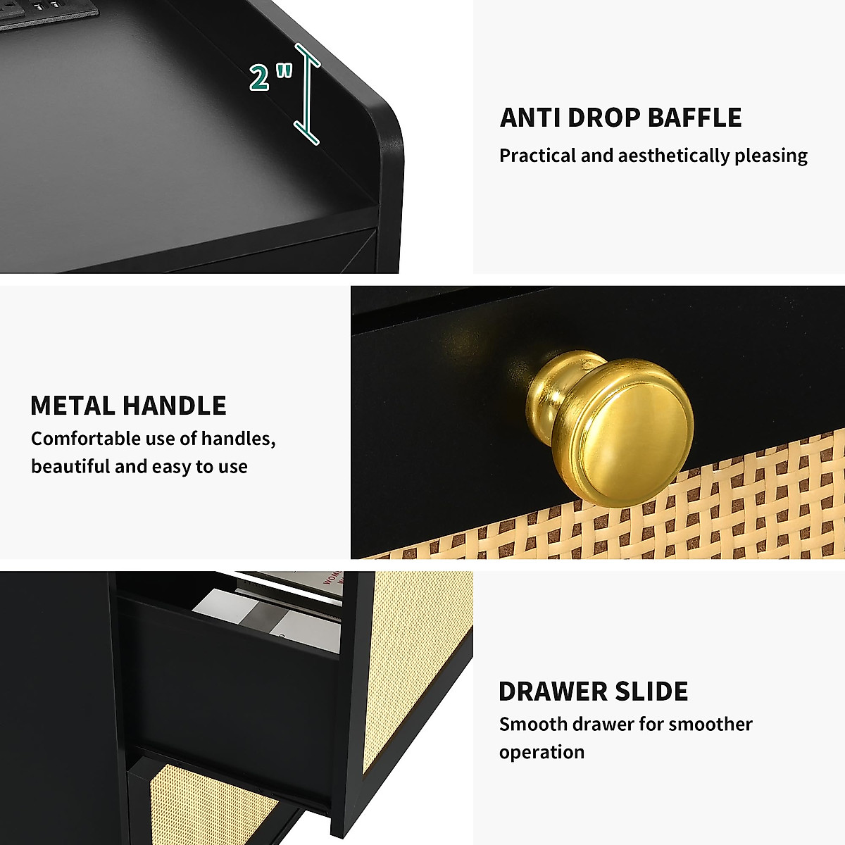 YITAHOME Rattan File Cabinet with Charging Station, Large Lateral Filing Cabinet for Home Office, Black