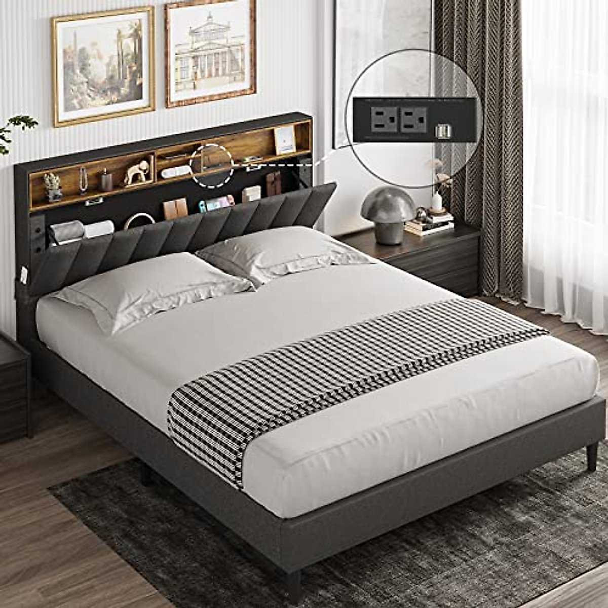 Tiptiper Full Size Bed Frame with Outlets, Platform Bed Frame with Storage Headboard and Height Adjustable, Fabric Upholstered Bed with Wooden Slat Support, No Box Spring Needed, Dark Grey