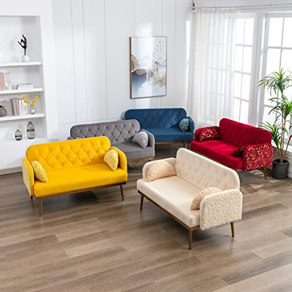 Lin-Utrend 55" Yellow Small Velvet Loveseat Couch with Elegant Moon Shape Pillows, 2-Seater Upholstered Modern Sofas Accent Loveseat Sofa Couch Small Space for Living Room Apartments