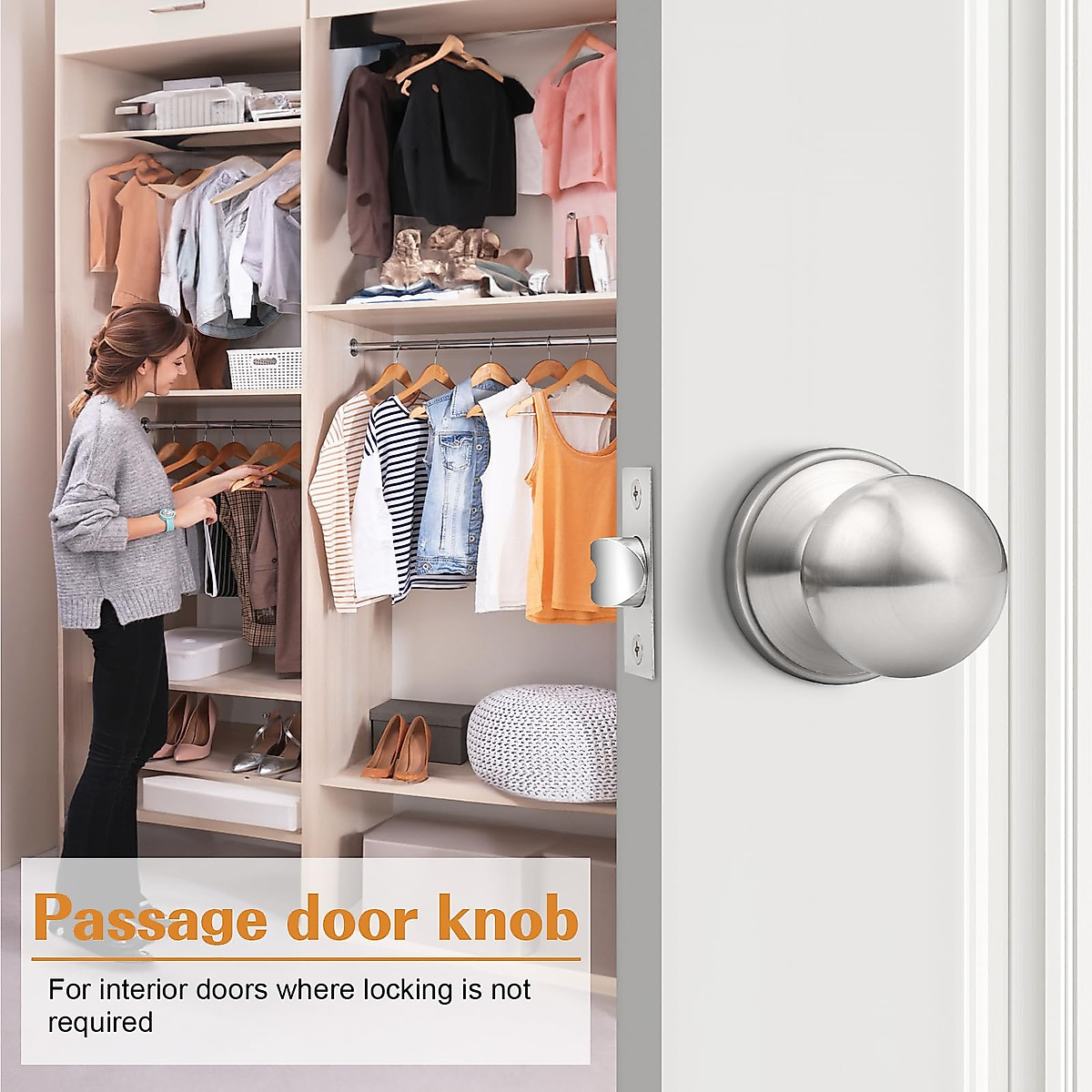 Probrico Round Passage Door Knobs Interior Hall/Closet Door Handles Brushed Nickel Ball Knobs, 3 Pack