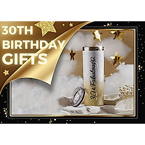 Onebttl 30th Birthday Gifts for Women, Female, Her - 30 and Fabulous - 20oz/590ml Stainless Steel Insulated Glitter Tumbler with Straw, Lid, Message Card - (Gold-Silver Gradient)