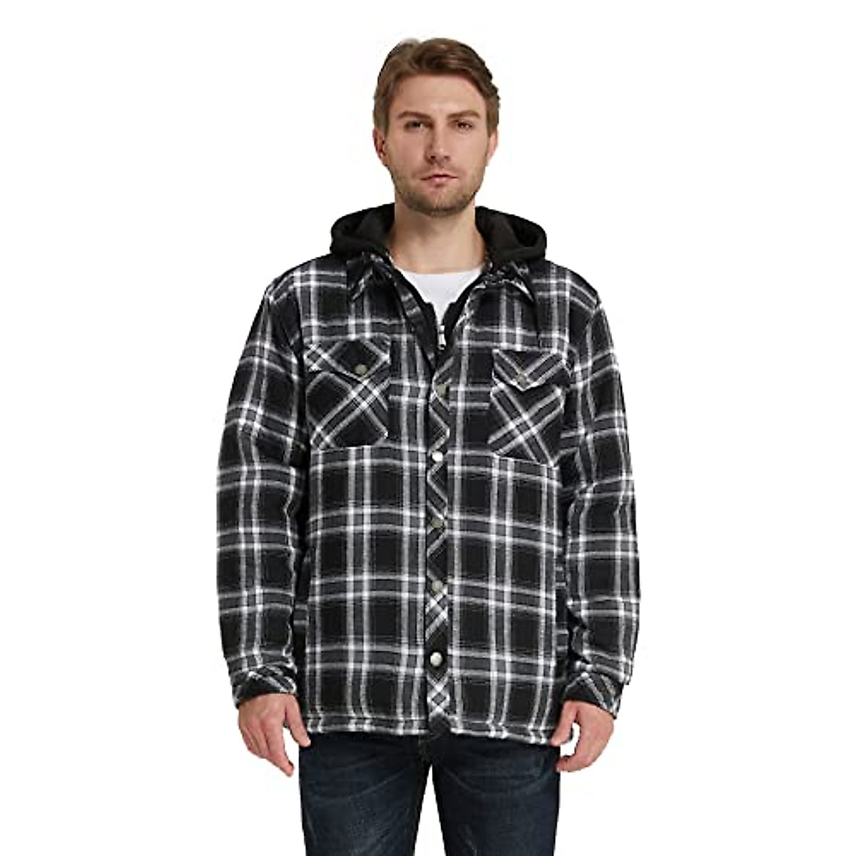 WenVen Men's Thicken Insulated Plaid Flannel Quilted Shirt Jacket, Black, 2XL