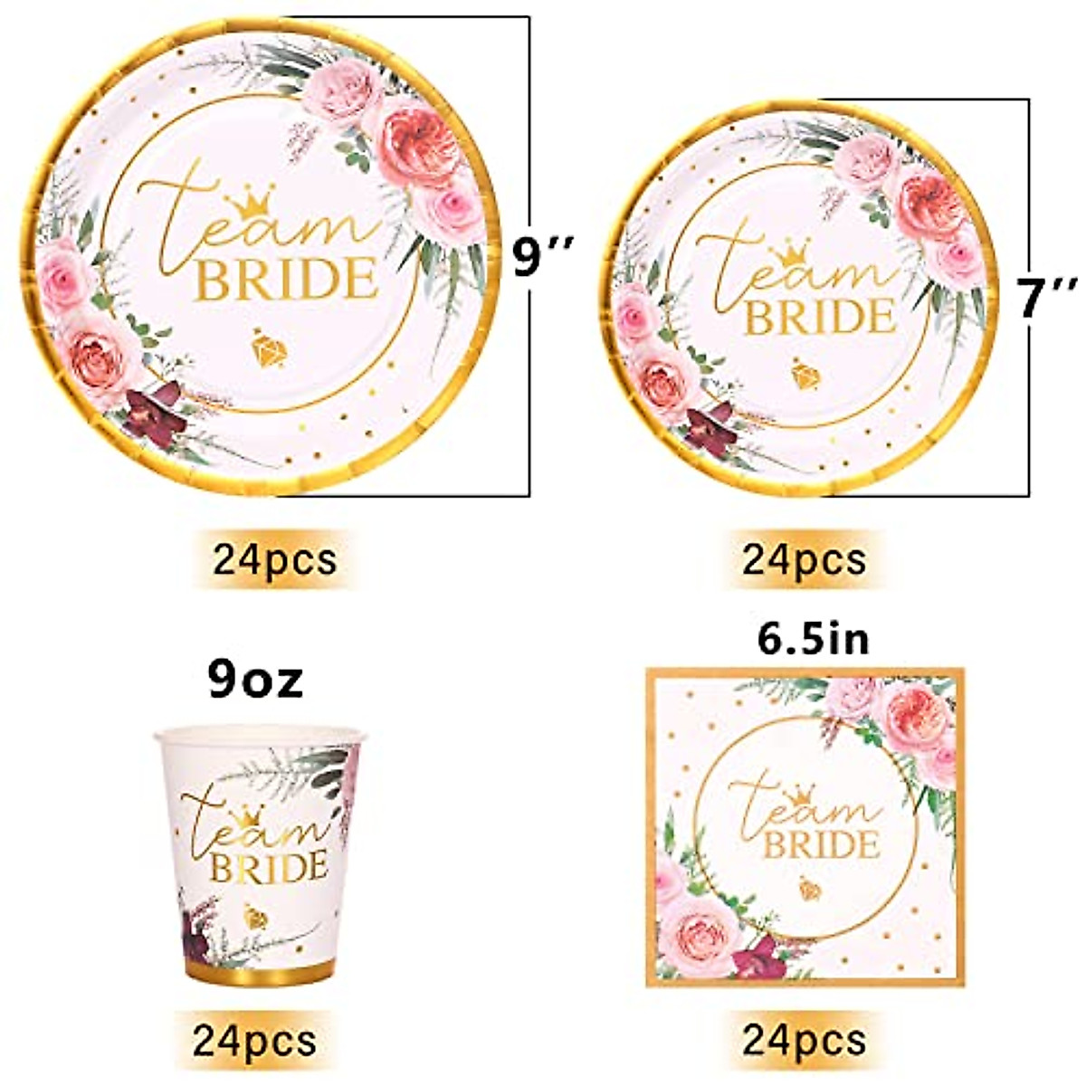 LOOWVY Bachelorette Party Supplies Gold Team Bridal Shower Paper Plates Cup Napkins Disposable Tableware Set for Engagement Wedding Party Bachelorette Party Favors Decorations,Serves 24