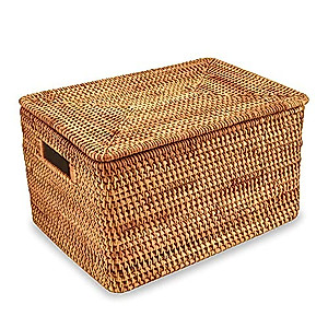 FIYAMMY Rattan Basket With Lid, Large Lidded Basket For Storage Rattan Box(15.3" L×11.4"W×9.5"H)