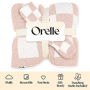 Orelle “Cream Puff” - Soft Knit Checkered Throw Blanket & Socks - Cozy Pink Checkered Blanket Throw - Fluffy Checkerboard Blanket - Aesthetic Cute Checker Blanket Checkered Decor - Puff Pink. 55x67