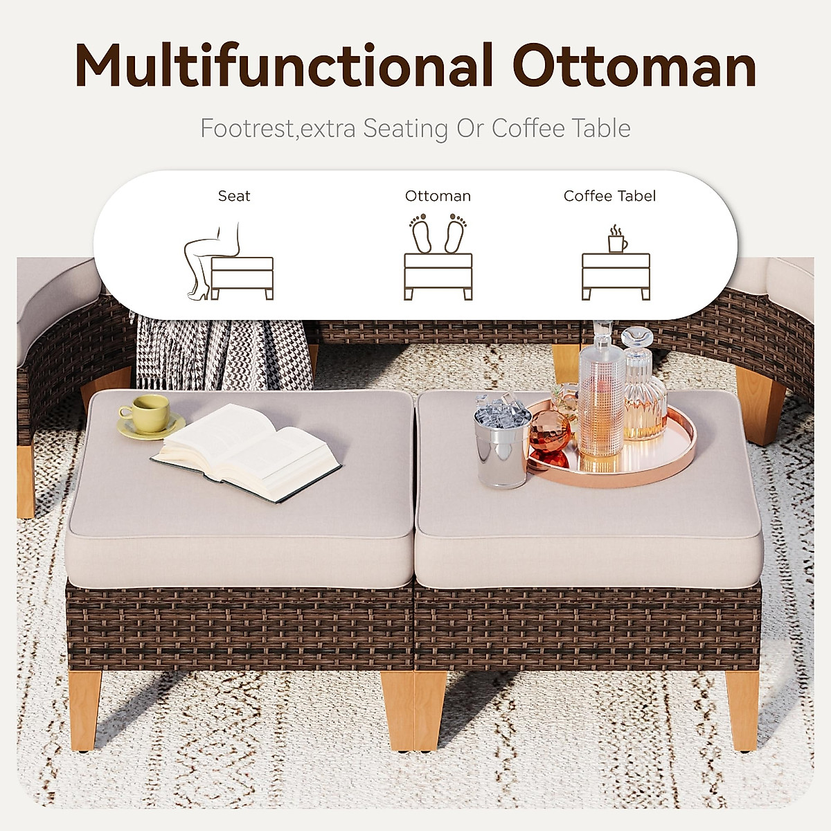 GREEN PARTY 7 Pieces Wicker Patio Furniture Set with 56" Fire Pit Table, All-Weather Outdoor Rattan Patio Half-Moon Curved Sectional Sofa Conversation Set for Garden, Backyard