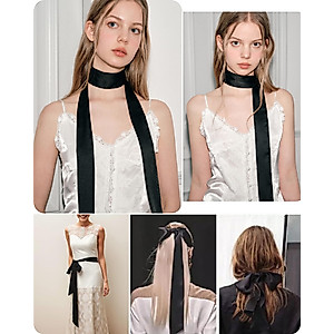 GUZOSJO Solid Color Long Neckerchief Pure Skinny Scarf Necktie Handbag Wrap Handle Satin Belt (Black)