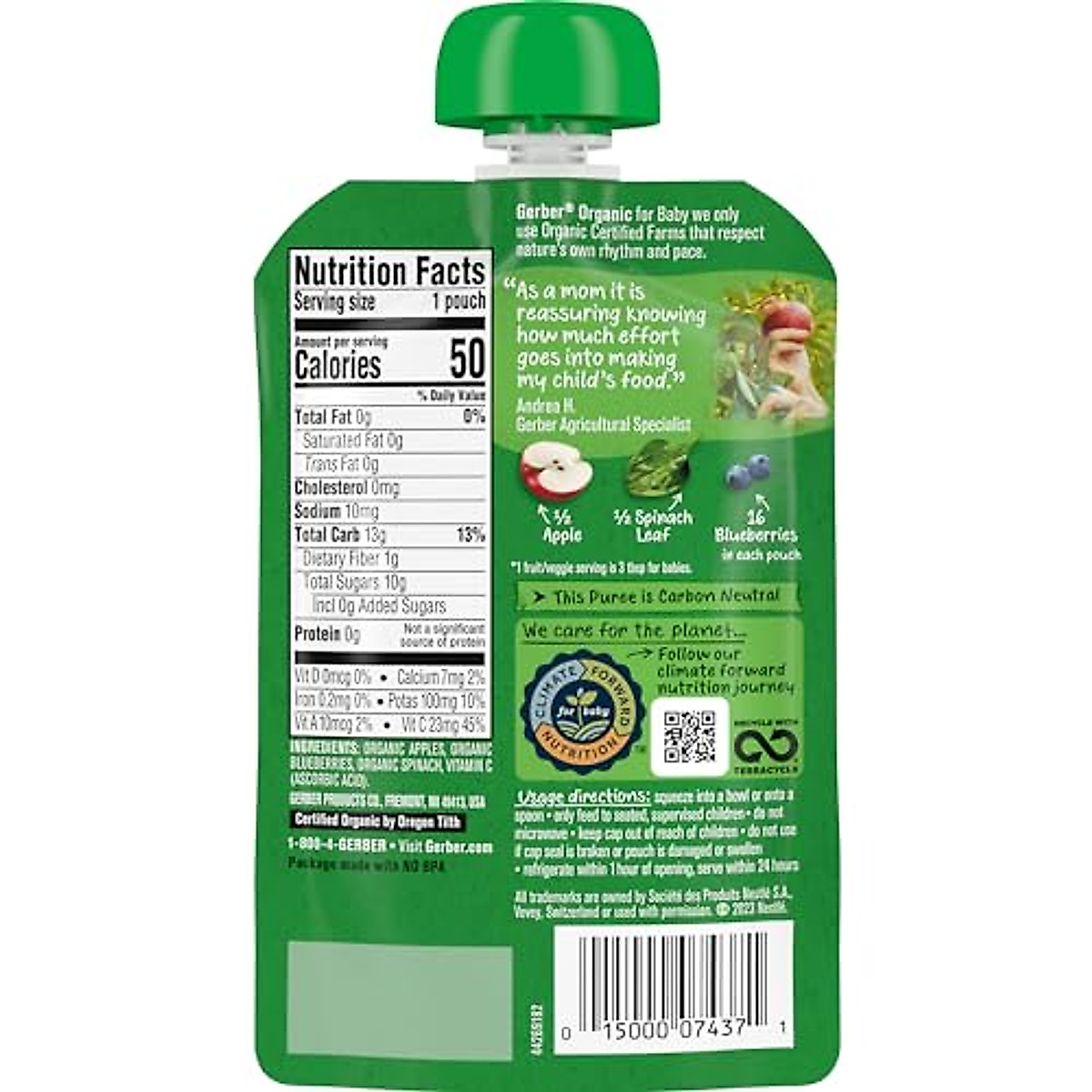 Gerber Organic Baby Food Pouches, 2nd Foods for Sitter, Apple Blueberry Spinach, 3.5 Ounce (Pack of 12)