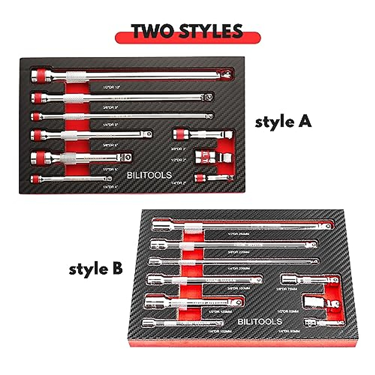 BILITOOLS Wobble Extension Set, 9 PCS 1/4 3/8 1/2, Ratchet Extension Set, Socket Adapter, Universal Joints, Cr-V Steel