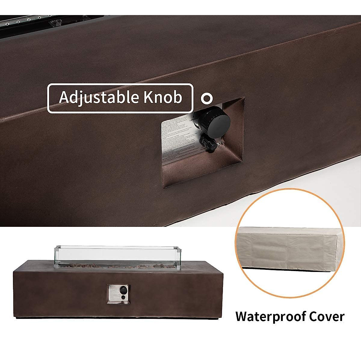 SUNBURY Outdoor Propane Burning Fire Pit, Patio Fire Table 50,000 BTU Fire Pit for Outside w Glass Wind Guard, Waterproof Cover (Rectangle, Dark Brown)