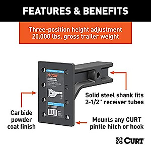CURT 48348 Adjustable Pintle Mount for 2-1/2-Inch Hitch Receiver, 20,000 lbs, 7-1/4-Inch Height, 10-3/4-Inch Length