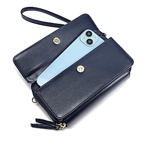 Women Crossbody Wallet RFID Blocking Cell Phone wristlet Purse with shoulder strap small crossbody bag (Navy blue)