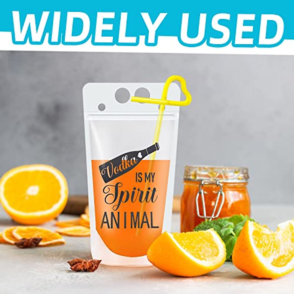 48pc Drink Pouches with Straws, Stand-Up Plastic Drink Pouches for Adults Bags with Zipper Party Beverage Bags Juice Pouches for Smoothie, Cold & Hot Drinks with 48 Drink Straws(48 Sets,6 Styles)