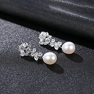 QuakerBird Freshwater Cultured Genuine Pearl Drop Earrings for Women Sterling Silver 9-10 mm Pearls Tennis Cluster CZ Dangle Stud Earrings Wedding (01, ivory)