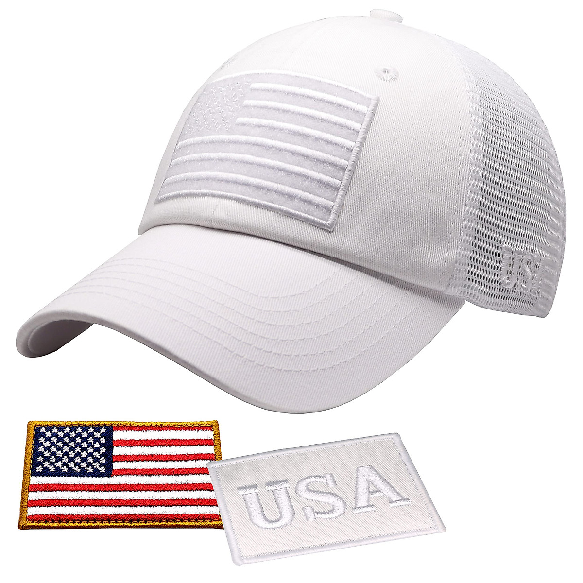 Antourage American Flag Unconstructed Hat for Men and Women Twill Mesh Snapback Baseball USA Flag Cap + 2 Patriotic Patches ((16) White Classic Mesh Snapback)