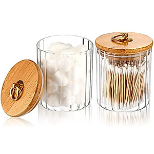 Irenare 2 Pack Glass Jars with Bamboo Lids Apothecary Jars for Bathroom Decor Swab Cotton Ball Holder Vanity Bathroom Canisters Clear Vintage Cotton Pad Bathroom Container Organizer