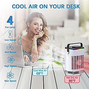 JUDRT Portable Air Conditioners, Mini Evaporative Air Cooler, 4 in 1 Upgraded Personal Desk Fan with 7 Colors Light, Powerful 4 Speeds & Cool Air Sprays Humidify AC for Room Office Table Home School