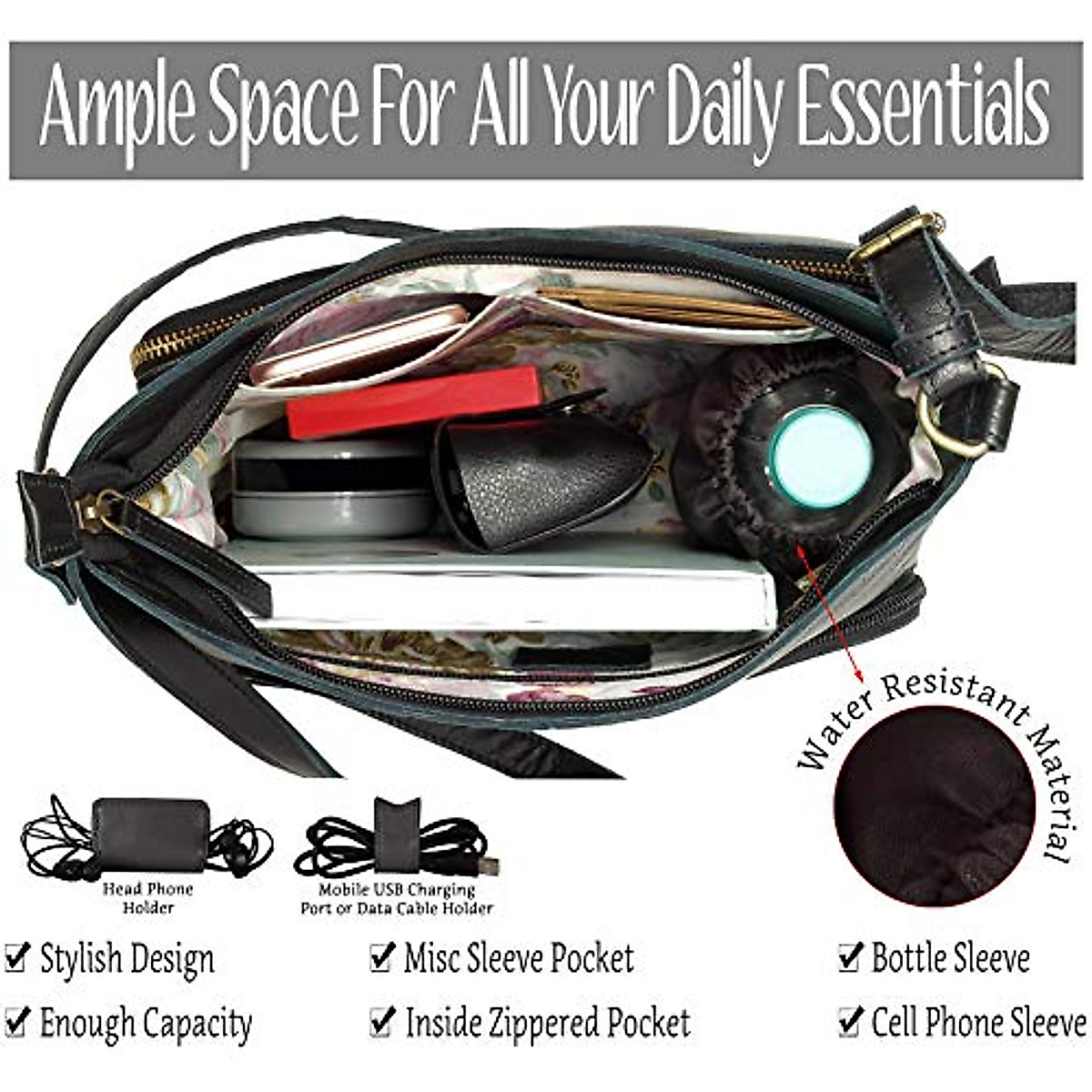 Mou Meraki Premium Genuine Leather Black Crossbody Purses and Handbags Women