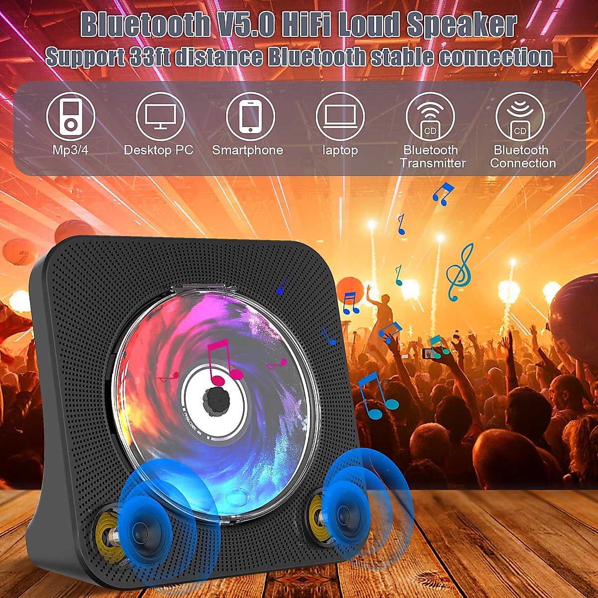 Fohil Portable CD Player with Bluetooth, 4000mAh Rechargeable Desktop CD Music Player for Home with Built-in Double HiFi Sound Speakers, Battery LED Screen CD Player Support AUX&USB FM Radio
